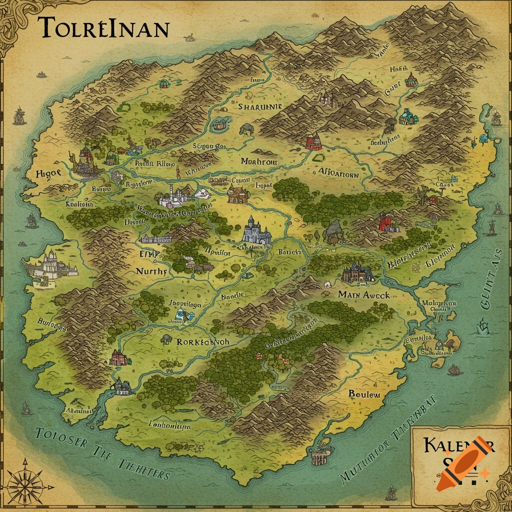 A detailed, hand-drawn style fantasy map of a large island with ...