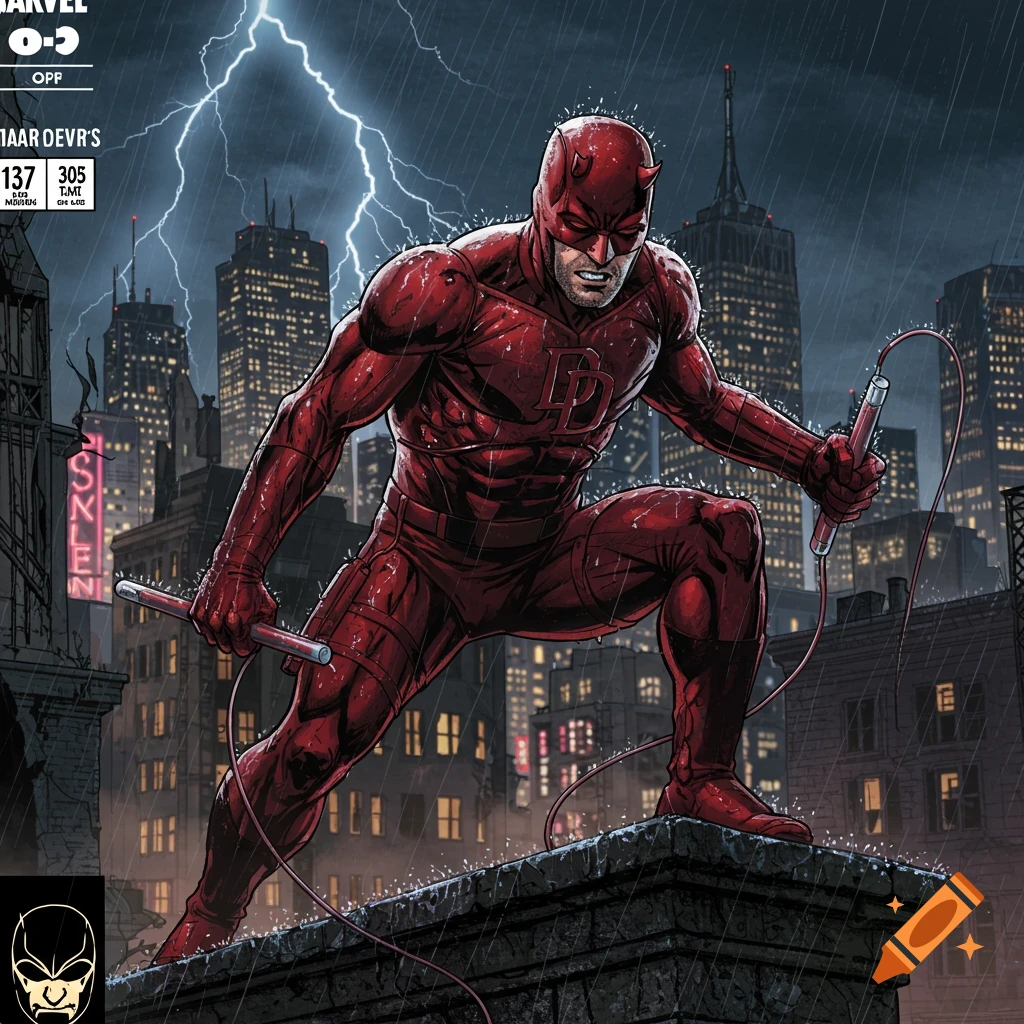 Daredevil comic book cover on Hell's Kitchen rooftop on Craiyon