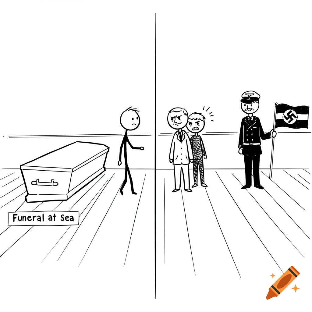 Stick figure sketch of a funeral at sea with Josef and Aaron on Craiyon