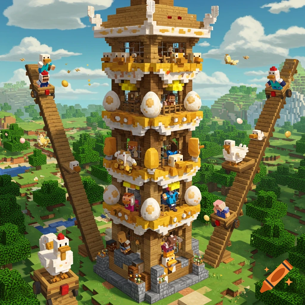 Minecraft chicken jockey themed drop tower ride on Craiyon