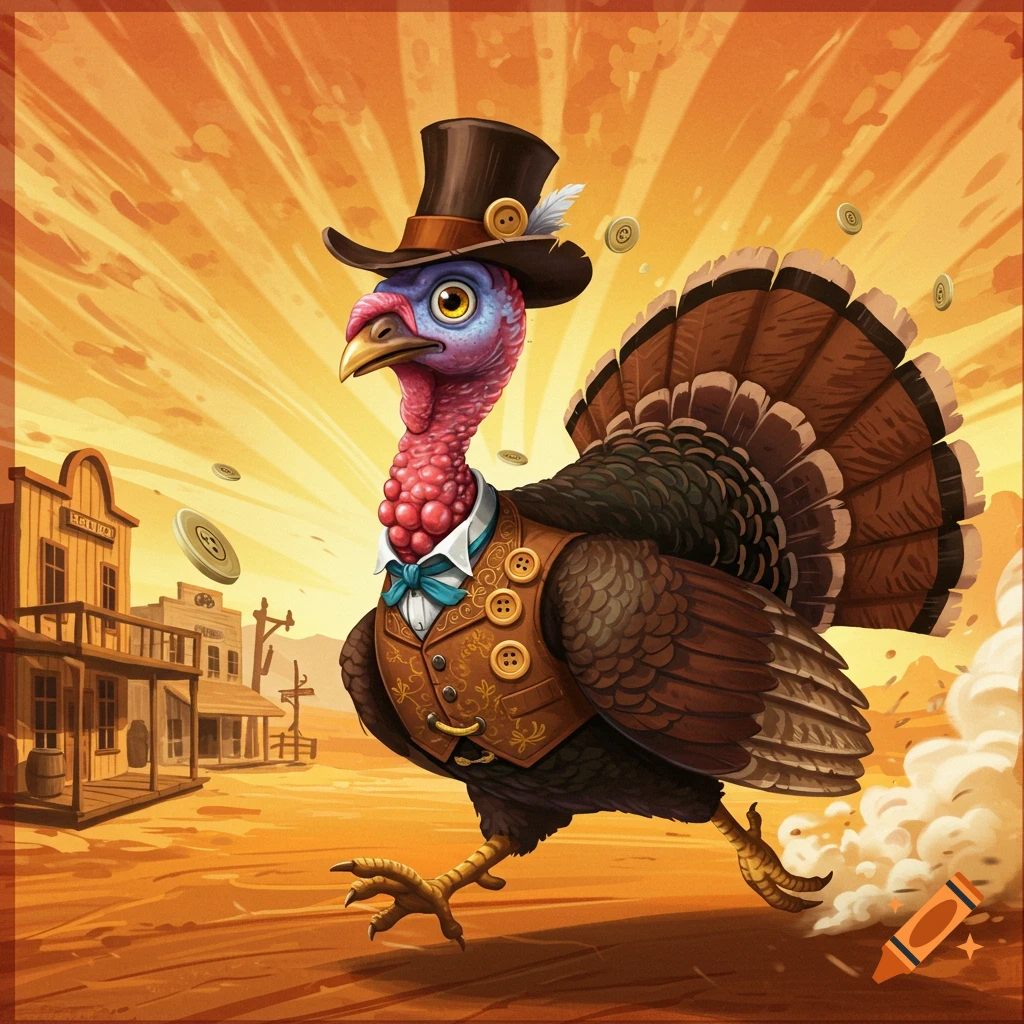 A turkey dressed in a top hat and vest runs through a dusty western ...