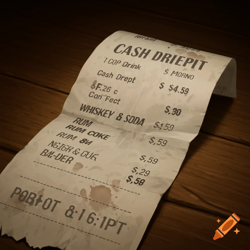 Cash receipt for three drinks at a bar on Craiyon