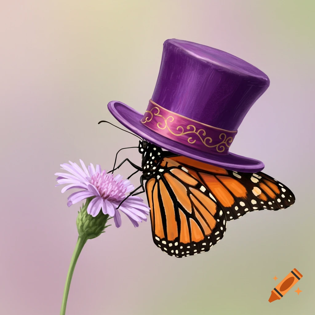 A monarch butterfly wearing a purple top hat is perched on a purple ...