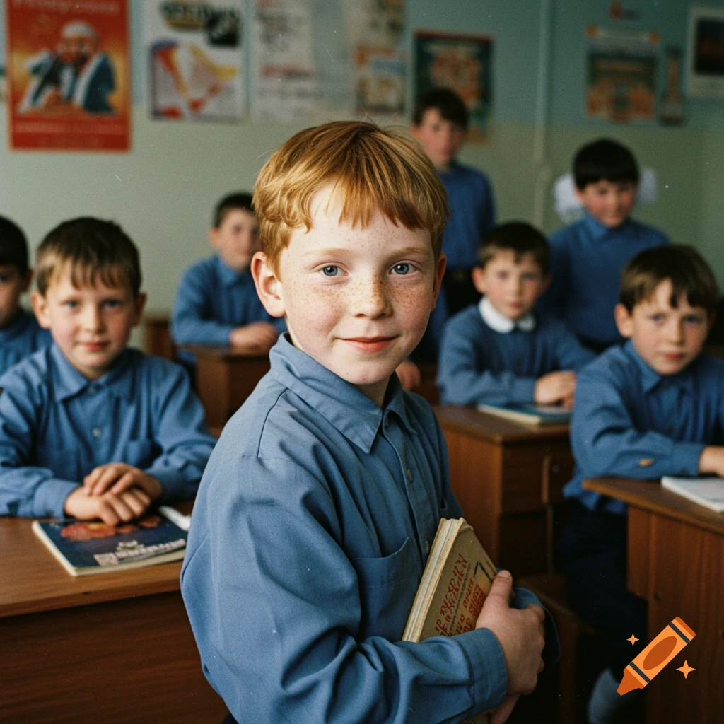 90s yearbook photo of a Russian boy in an orphanage on Craiyon