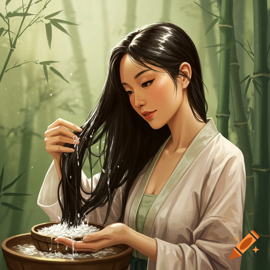 Asian woman washing hair with rice water, traditional beauty treatment ...