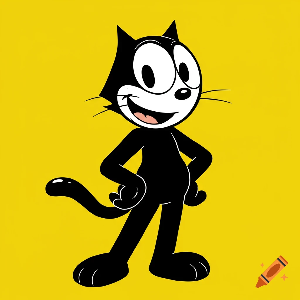 Felix the Cat stands with hands on hips against a yellow background. on ...