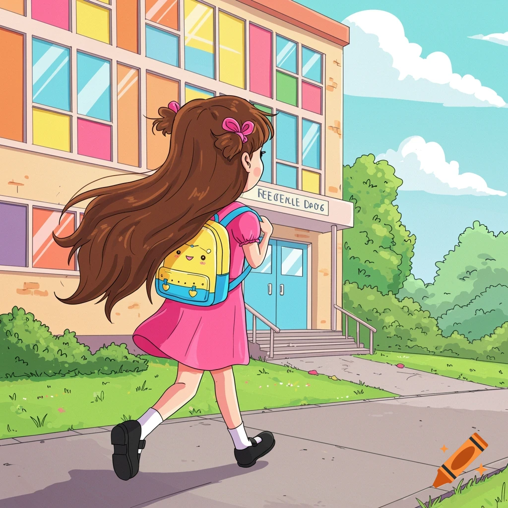 Cartoon of a young girl with brown hair in pigtails walking up to the school building on Craiyon