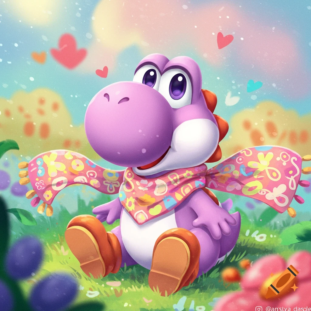 Cute purple Yoshi sits in a field of flowers wearing a pink scarf. on ...