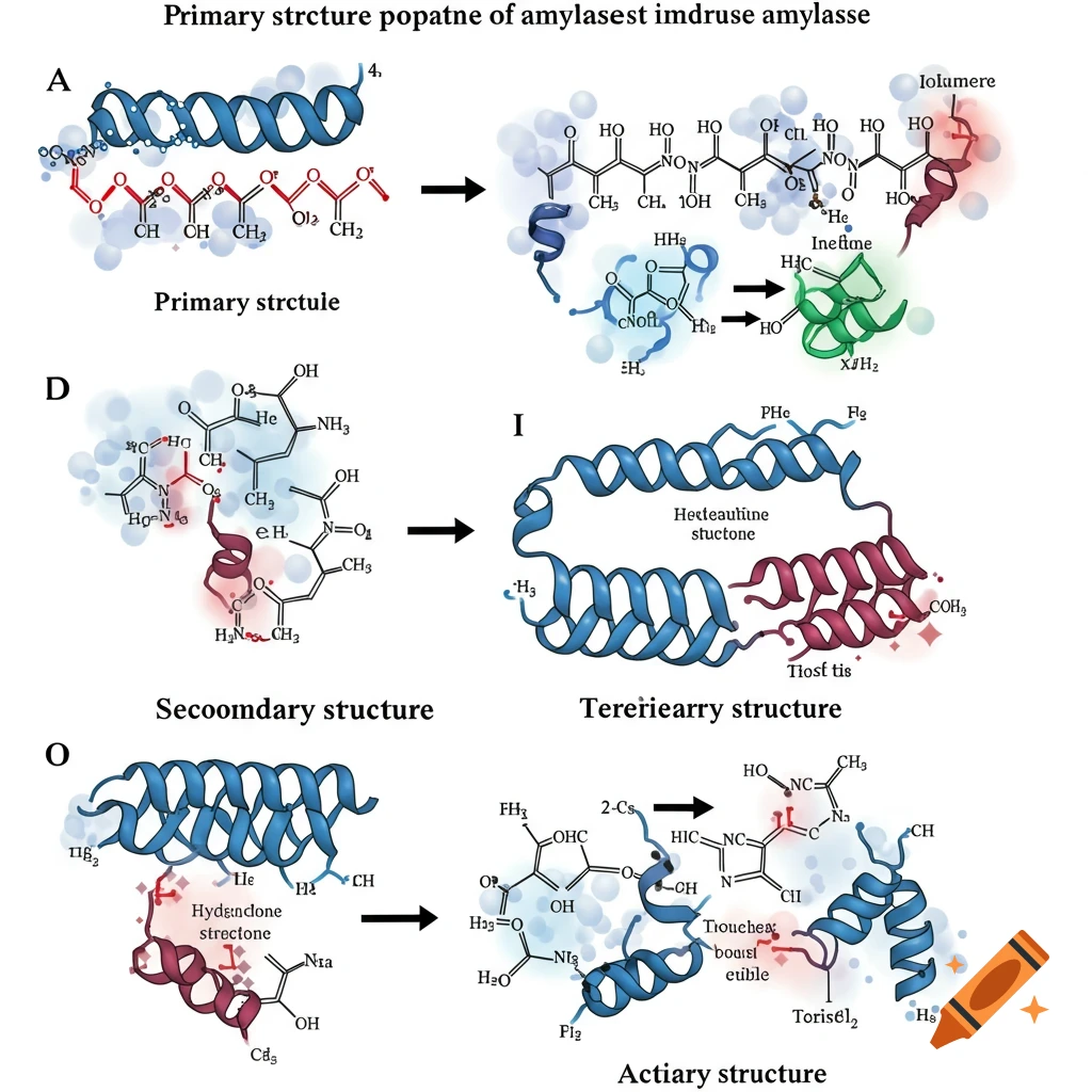 Diagram of amylase structure showing primary, secondary, and tertiary ...