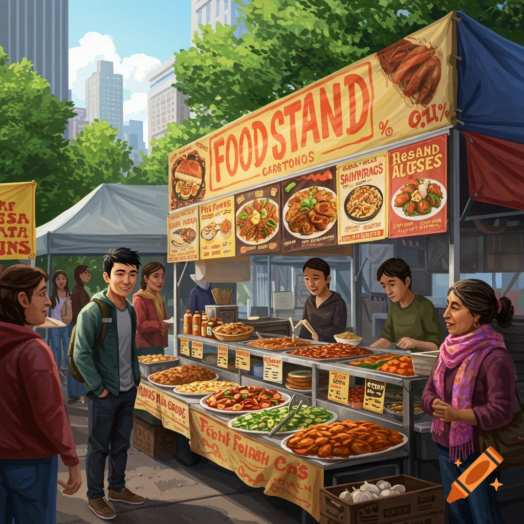 Cartoon illustration of a man feeding people in a park with a city ...