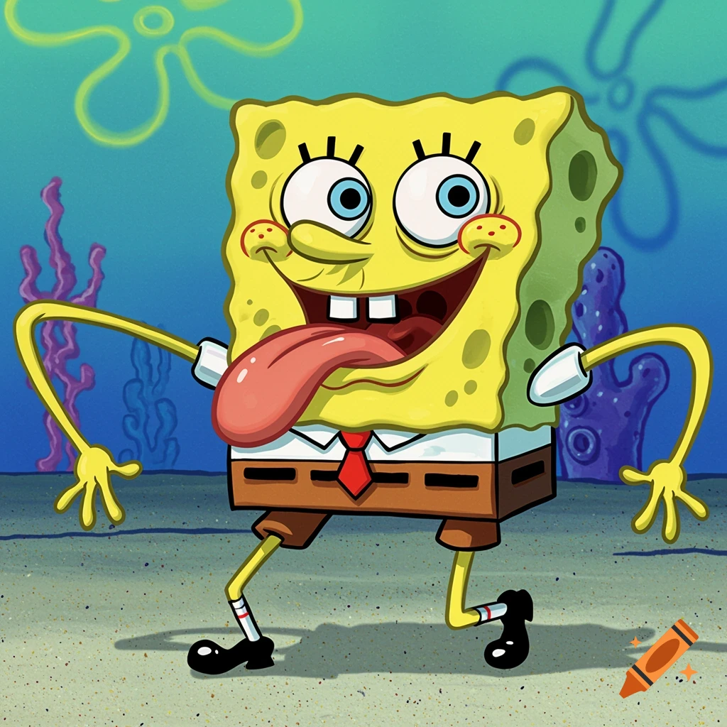 SpongeBob SquarePants stands in an underwater setting, tongue lolling ...