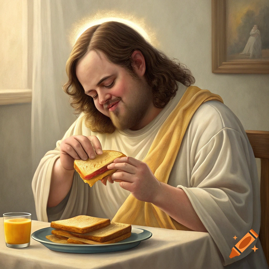 Jesus sitting at a table, smiling as he holds up half of a grilled ...