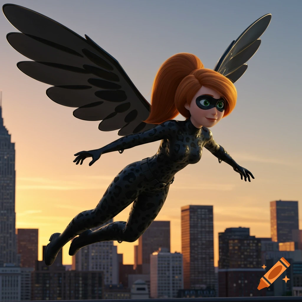 3D animation of a character resembling Kim Possible flying over a city ...