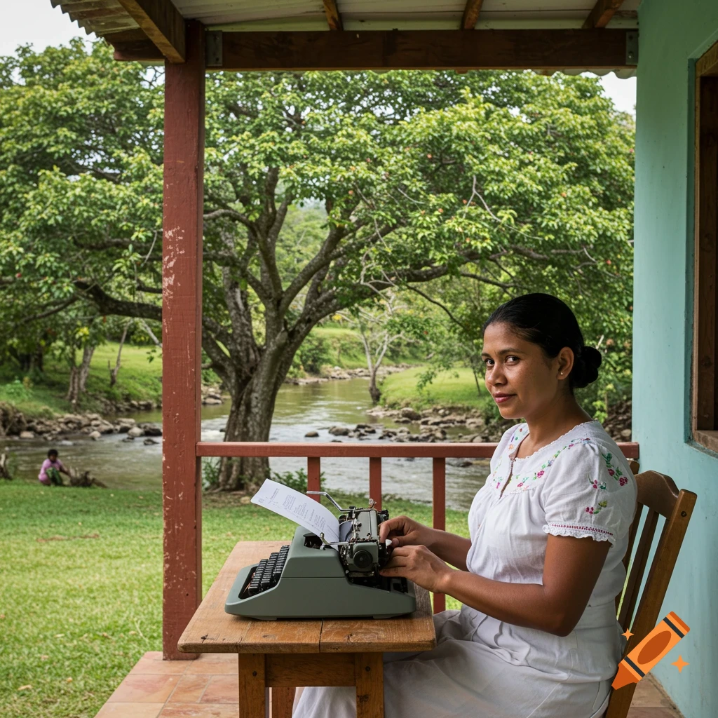 Dominican woman at typewriter on porch, Dominican Republic landscape ...