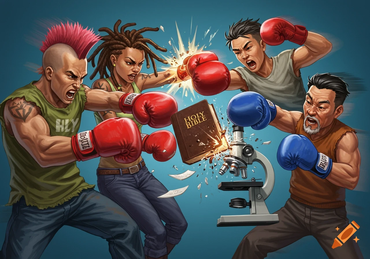 Four people in boxing gloves punching a Bible and a microscope. on Craiyon