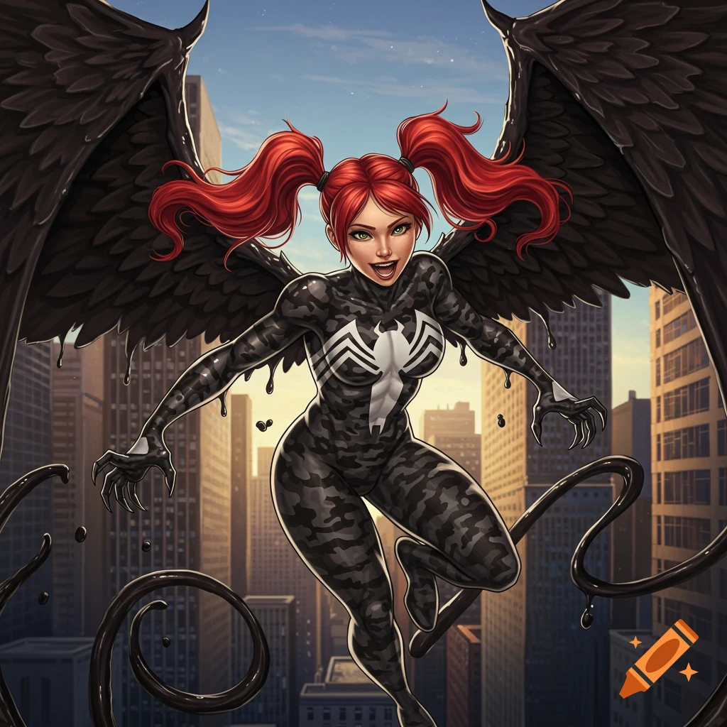 Redhead Venom girl in black camo suit flying over city on Craiyon