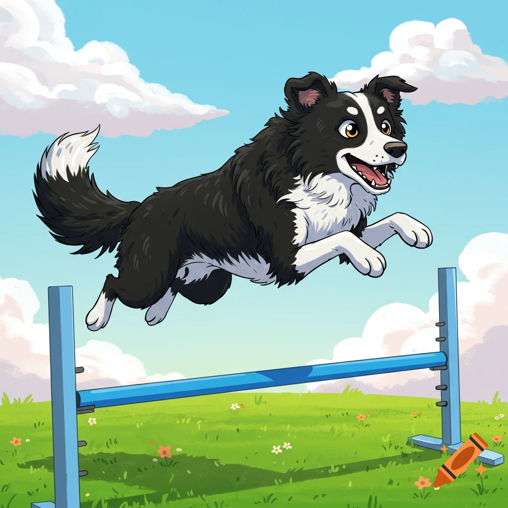Digital illustration of a black and white border collie dog flying ...