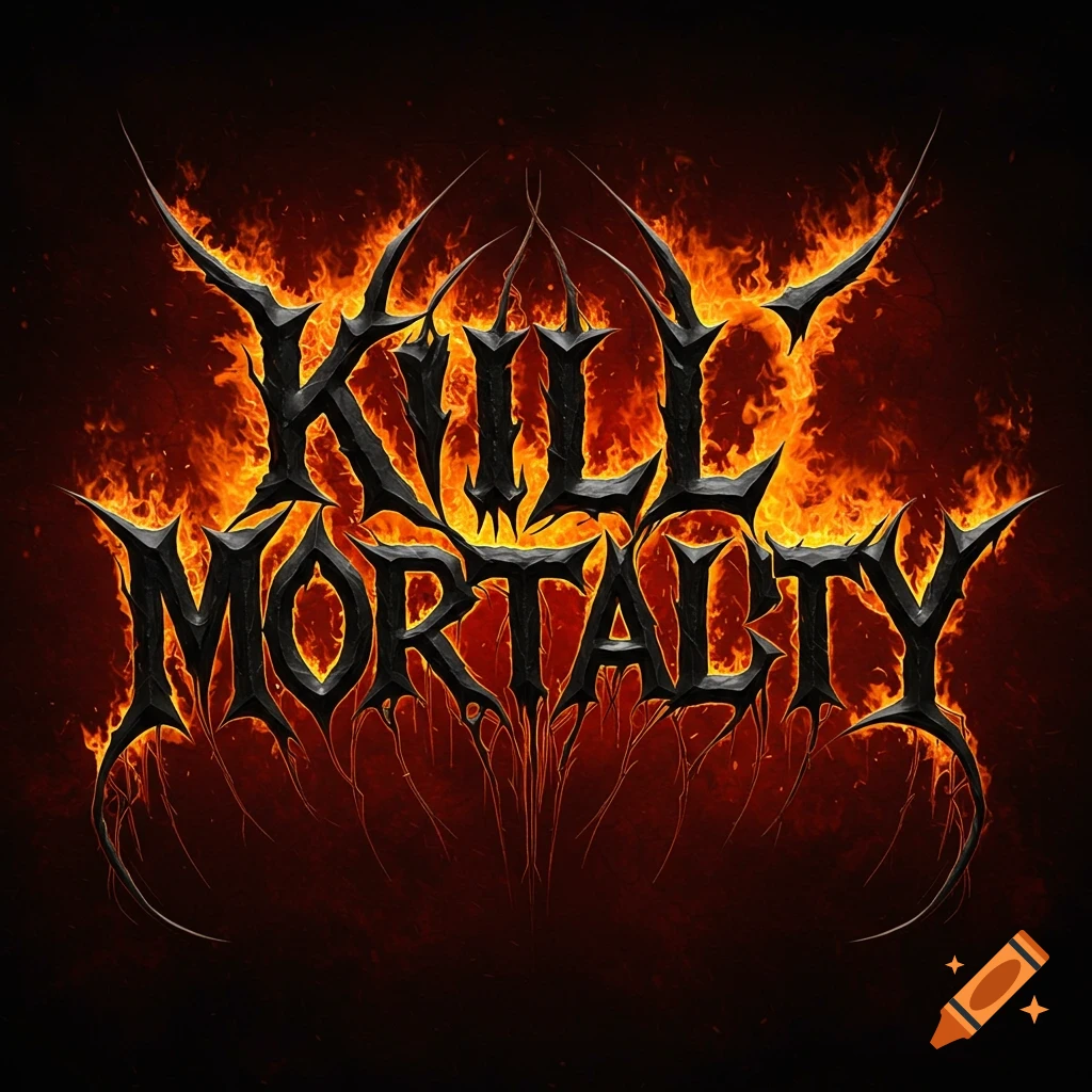 3D heavy metal logo of 'KILL MORTALITY' with jagged, fiery text on Craiyon