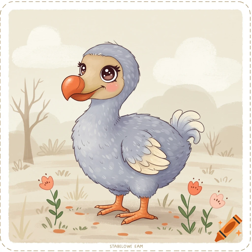 Cartoon illustration of a cute dodo bird standing in a field. on Craiyon