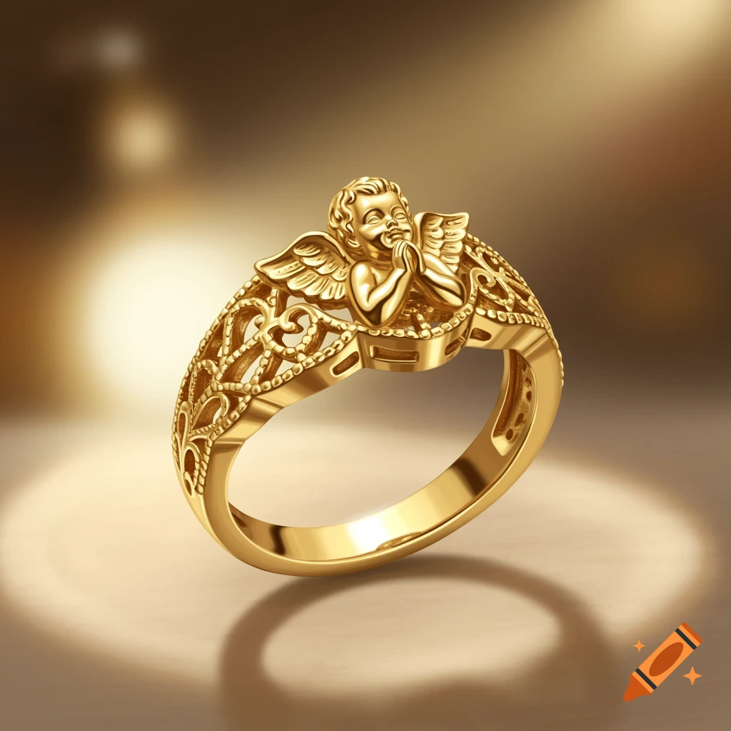 Photorealistic image of a gold ring with a detailed baby angel design ...