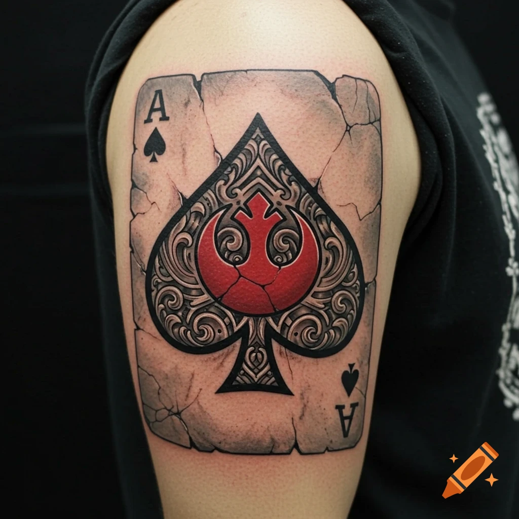 Tattoo of an aged ace of spades with Star Wars rebel logo on an arm on ...