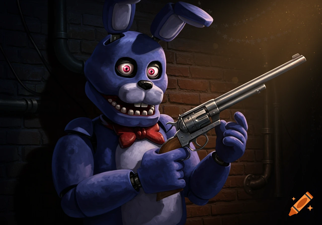 Bonnie the Bunny from Five Nights at Freddy's holding a gun on Craiyon