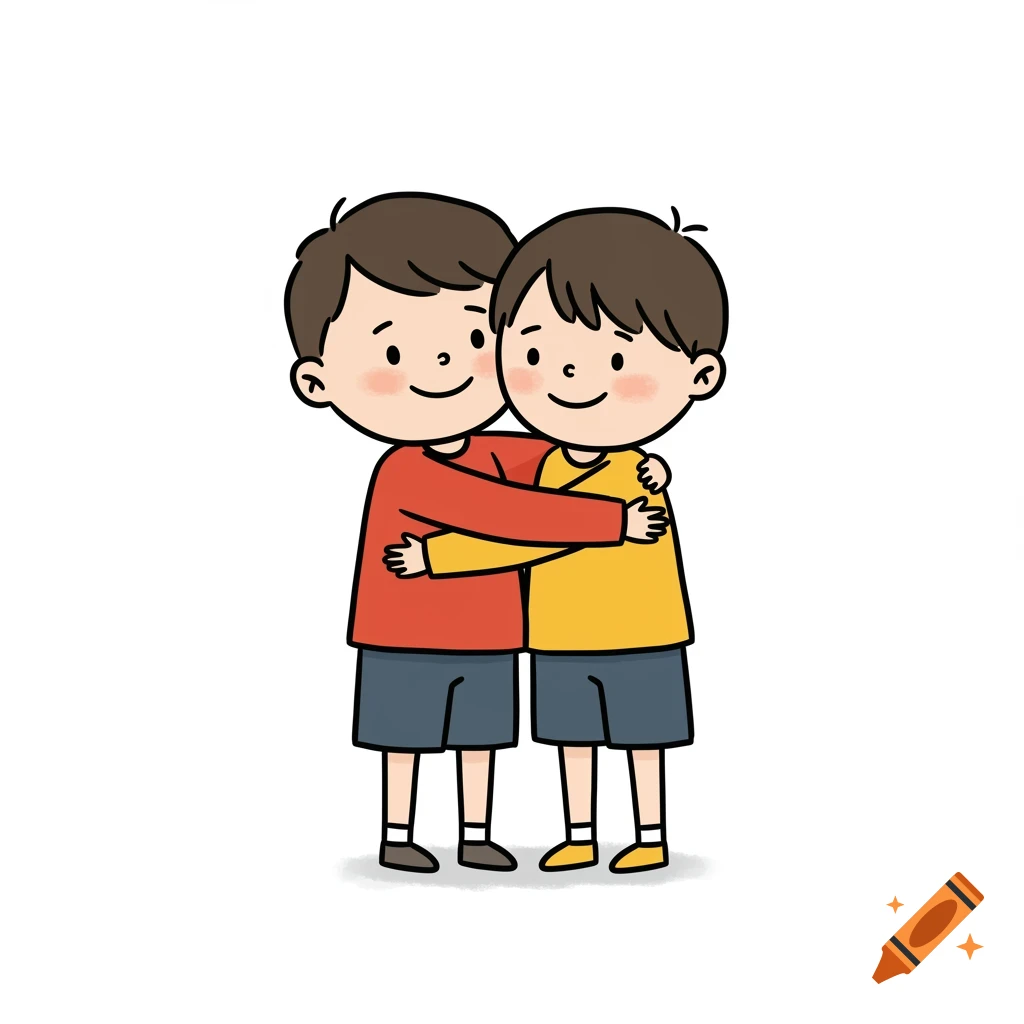 Cartoon of two kids hugging in red and yellow on Craiyon