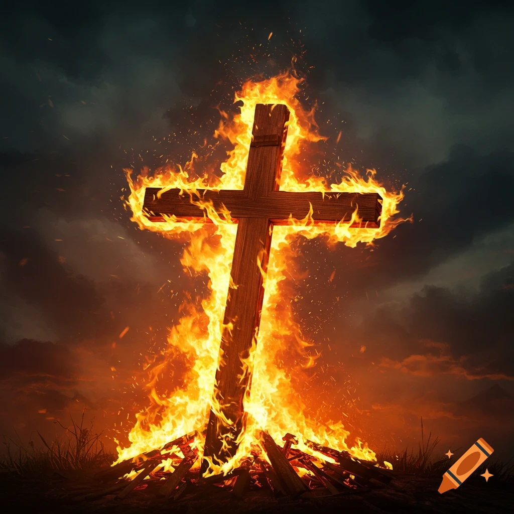 A wooden cross engulfed in flames against a dark, cloudy sky. on Craiyon