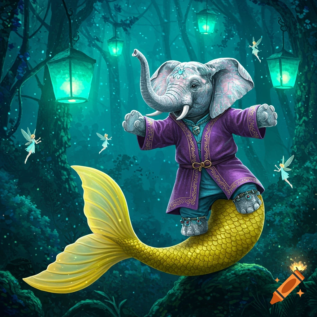 A whimsical elephant with a mermaid tail wears a purple robe in an ...