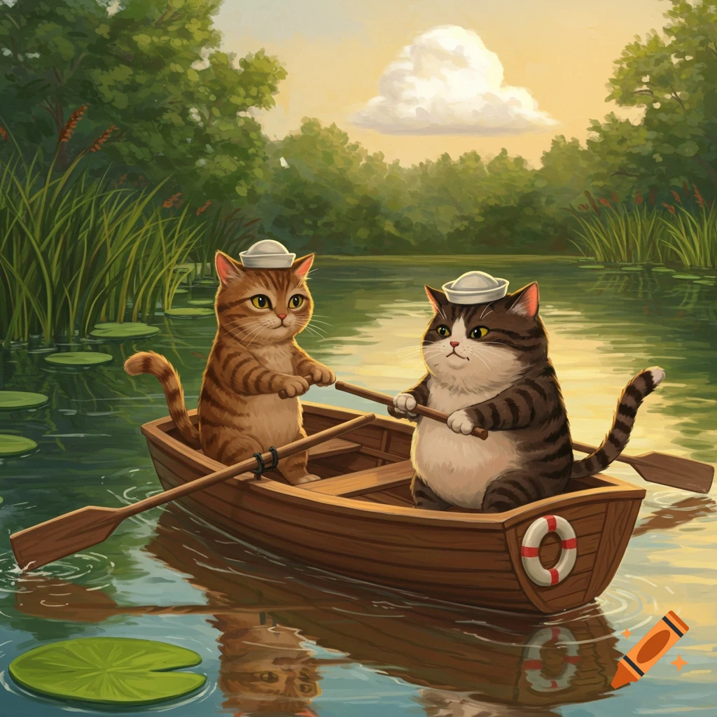 Cartoon illustration of a goat in a straw hat rowing a boat on a lake on Craiyon