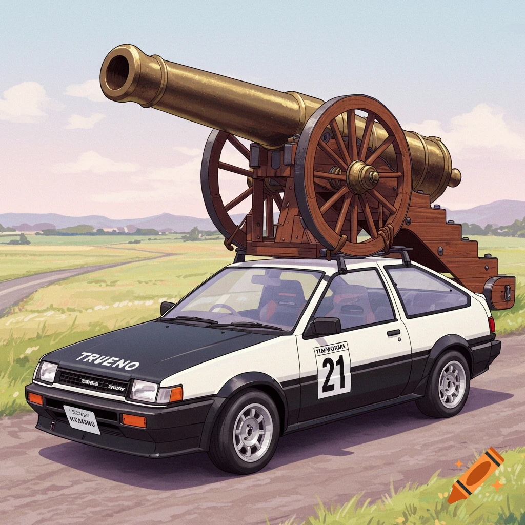 A Toyota Trueno car with a large cannon on its roof is driving on a ...