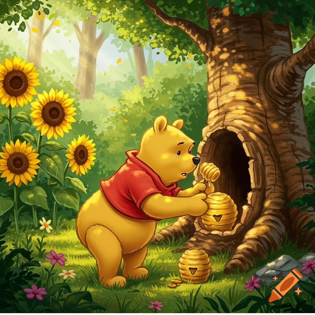 Cartoon Winnie the Pooh taking honey from a tree in a sunlit forest ...