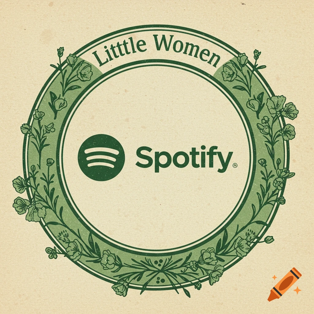 Vintage logo with green floral wreath, Spotify logo, and 'Litttle Women ...
