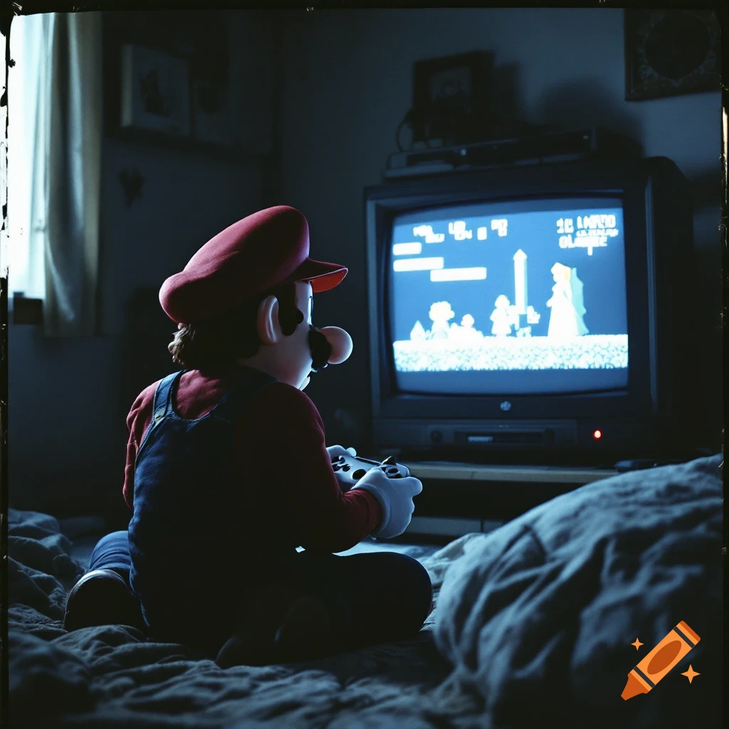 Analog photo of Mario playing Nintendo on PlayStation 1 with Princess ...
