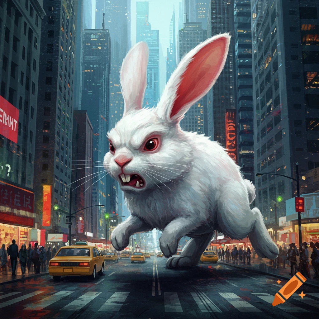 Giant angry white rabbit runs through a city street. on Craiyon