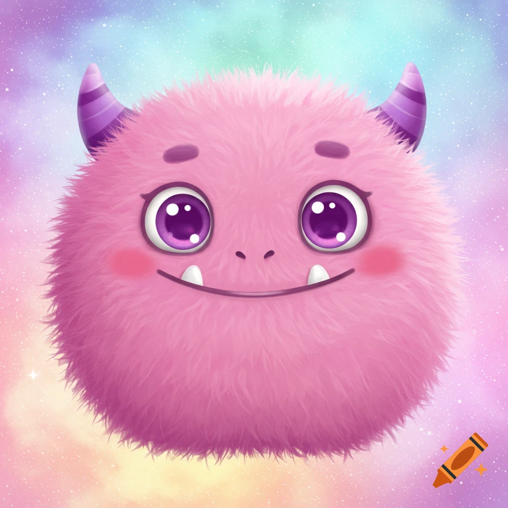 A cute pink furry monster head with big purple eyes and small teeth ...
