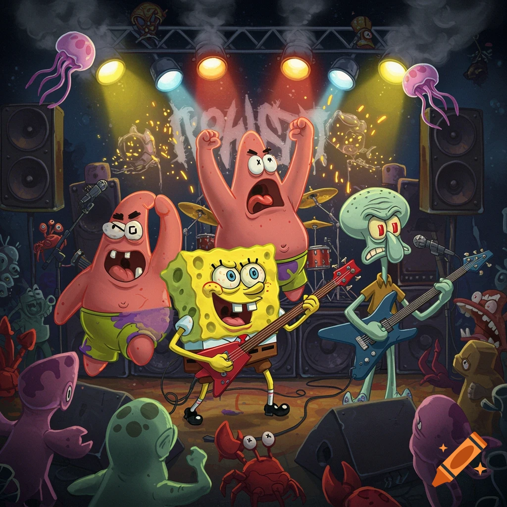 Spongebob, Patrick Star, and Squidward performing at a deathcore ...