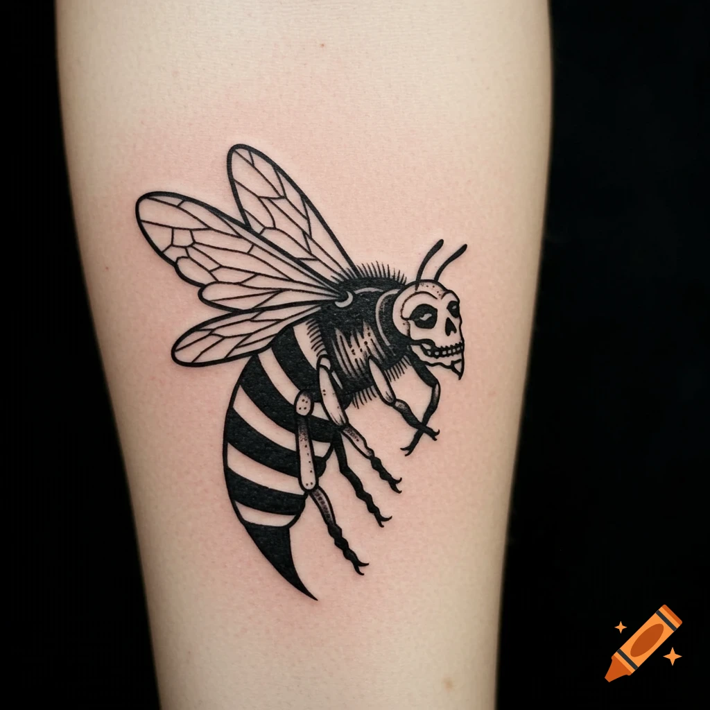 Black and white tattoo of a bee with a skull head on skin on Craiyon