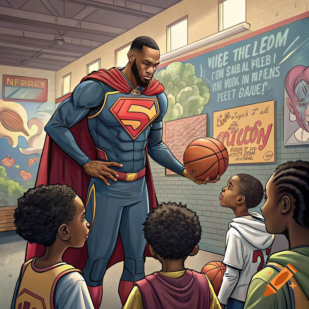 LeBron James as a superhero in a comic book on Craiyon