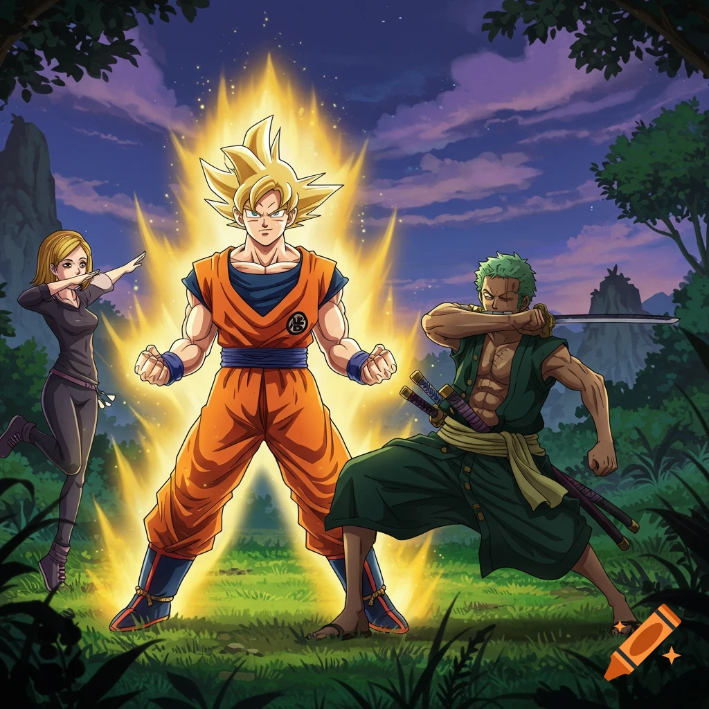 Goku aura farming, Buffy dabbing, Zoro hitting the quad on Craiyon