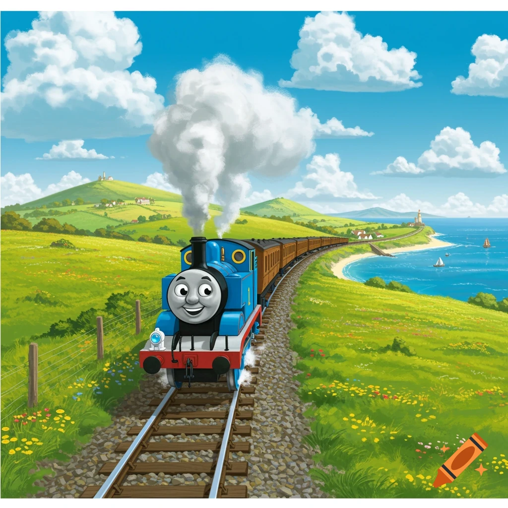 Illustration of Thomas the Tank Engine smiling on train tracks in a green countryside with hills ...