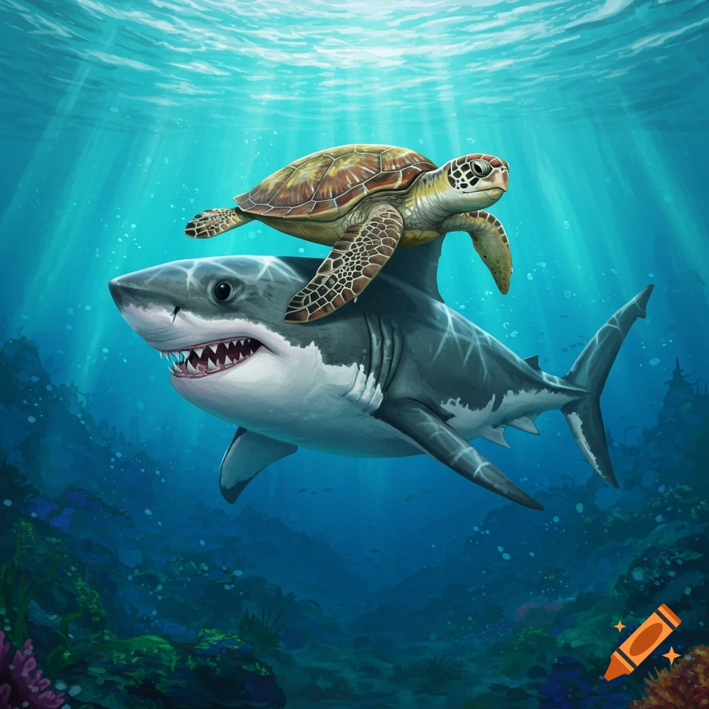 Shark carrying a turtle on Craiyon