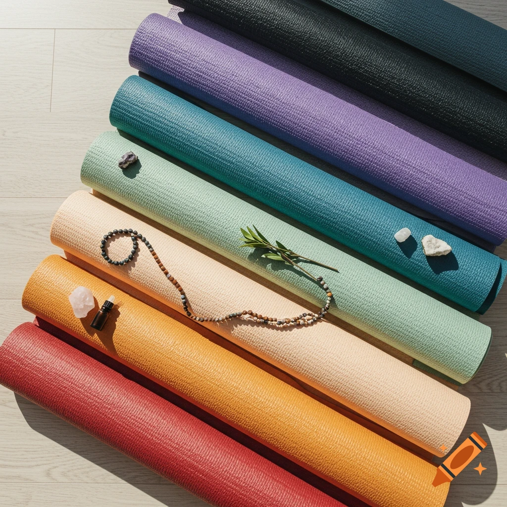Colorful yoga mats and wellness items on Craiyon