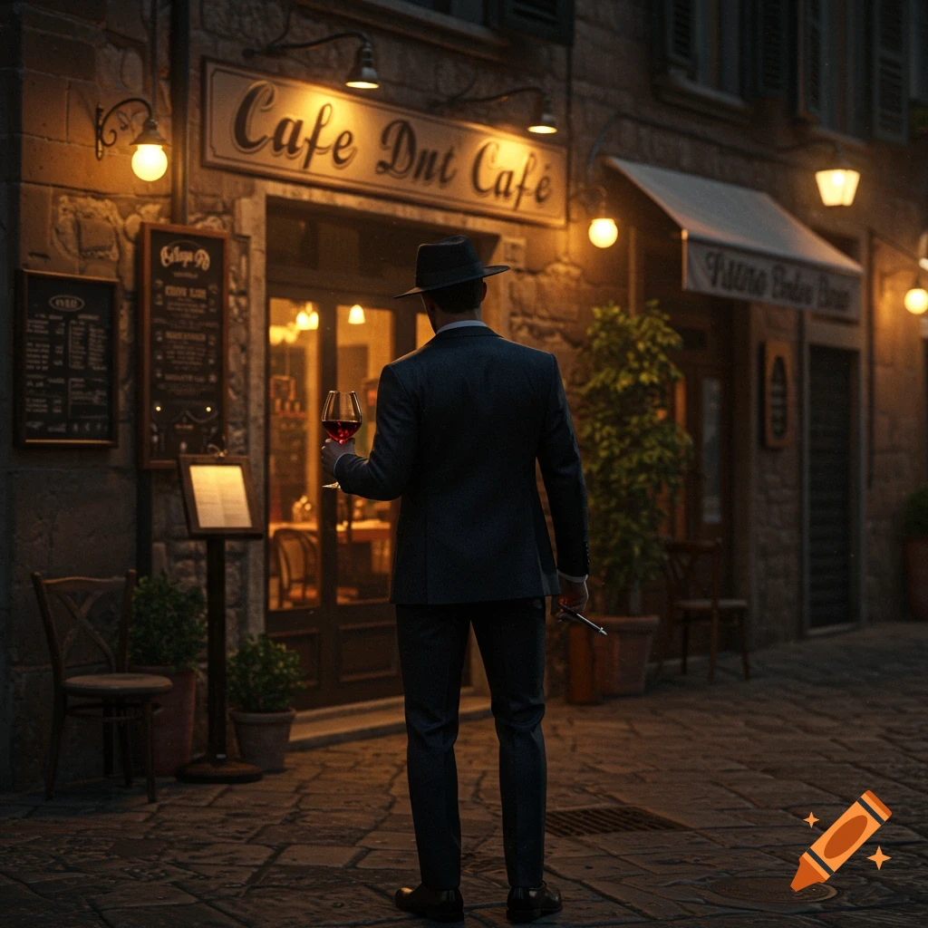 Well-dressed man in fedora at Italian cafe at dusk on Craiyon