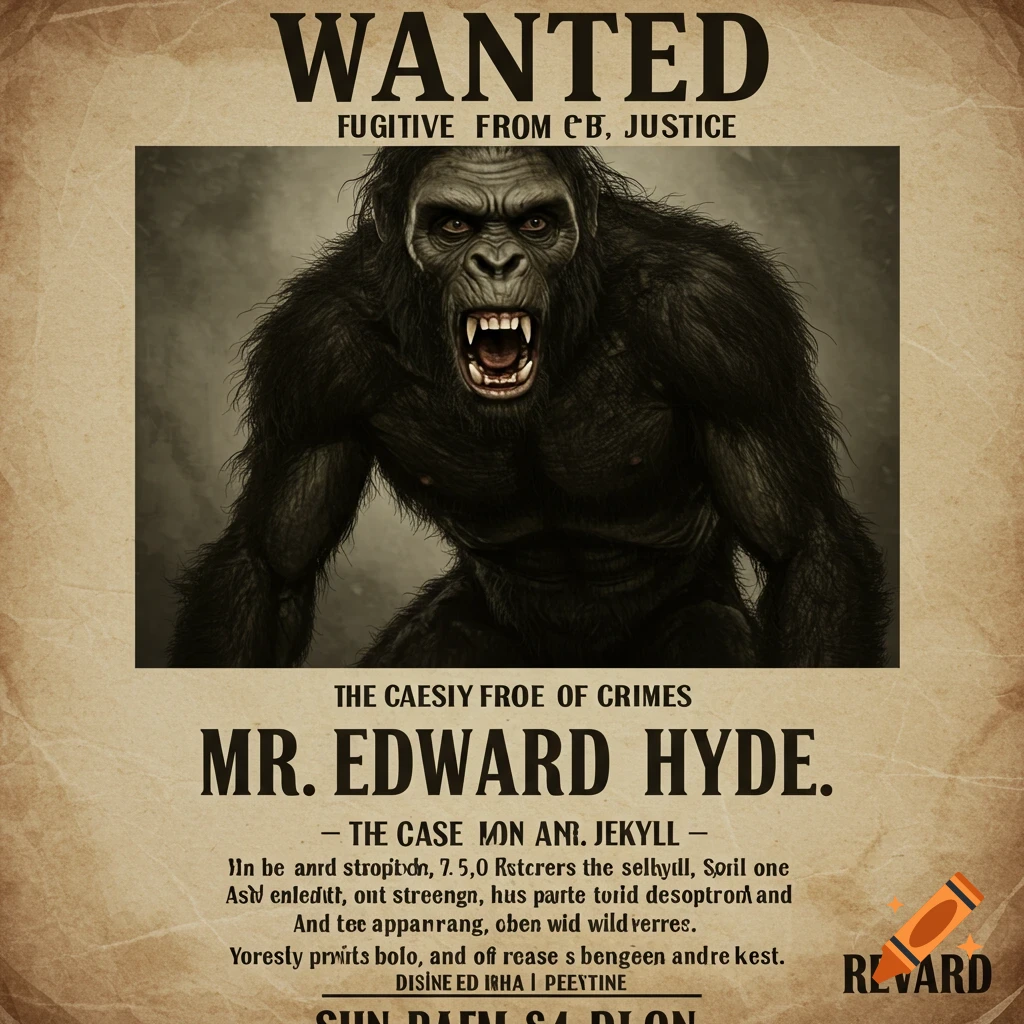 Wanted poster for Mr. Edward Hyde as a scary, hairy, ape-like figure on ...