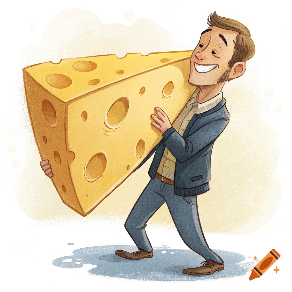 Cartoon cheese man in a suit walks through a city made of cheese ...