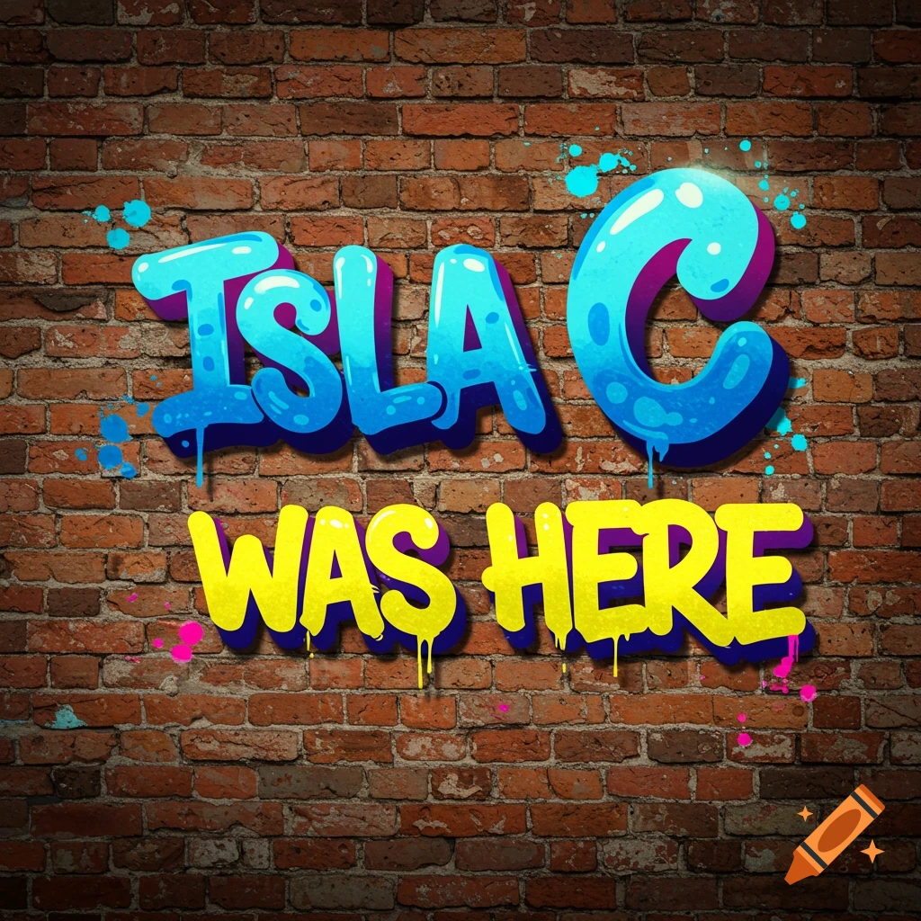 Graffiti on brick wall spelling 'Isla C was here' on Craiyon