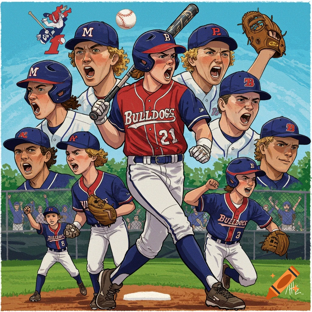 Dynamic painting of baseball players from the Bulldogs team in various ...