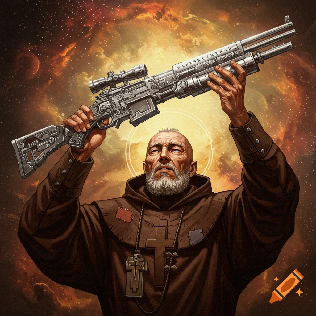 Retro-futuristic rifle blessed by Christian warrior-monk on Craiyon