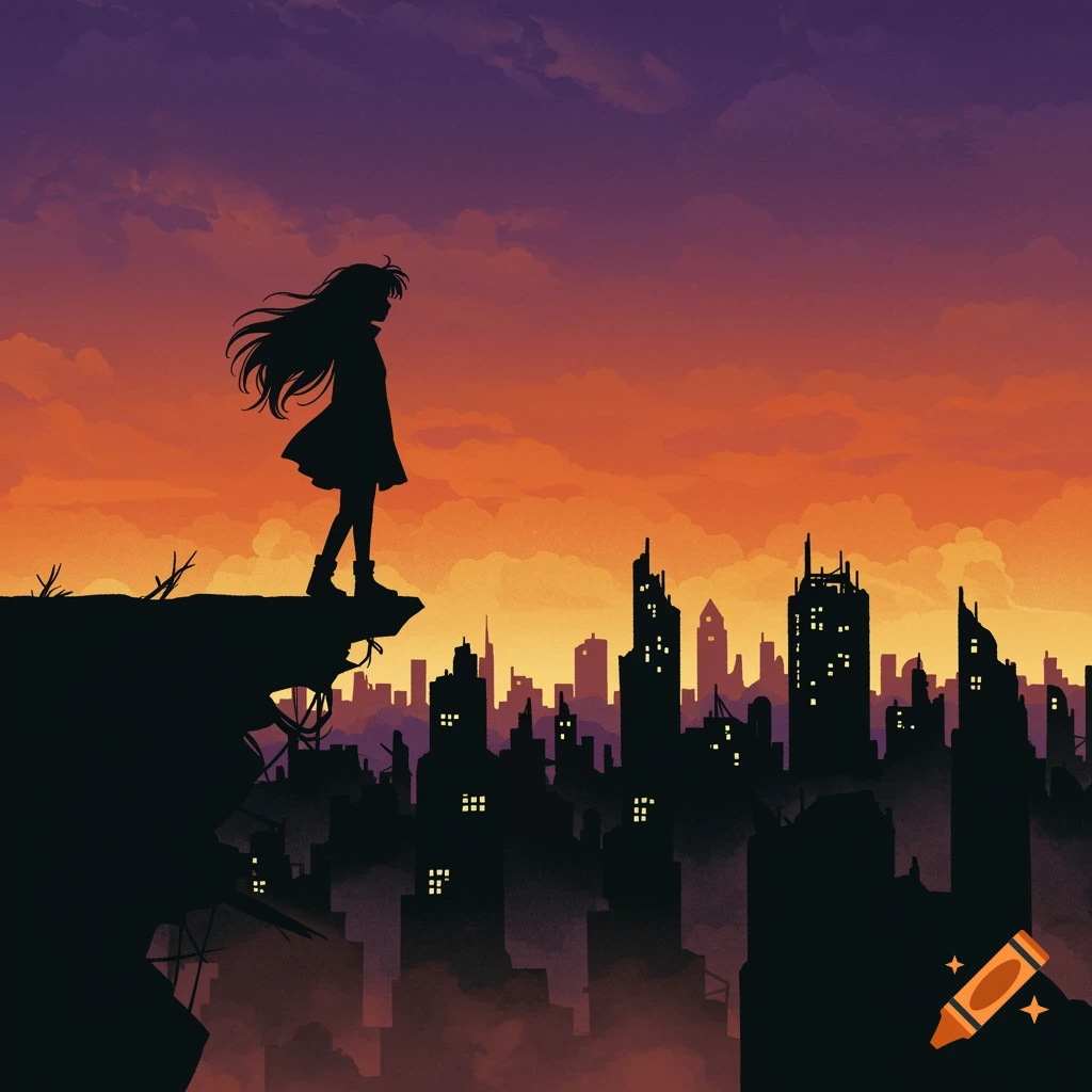 Silhouette of a girl on a cliff edge overlooking a ruined city skyline ...